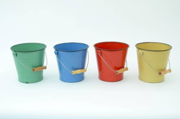 Enamel buckets in assorted colors with wooden handle - Watsons Catering